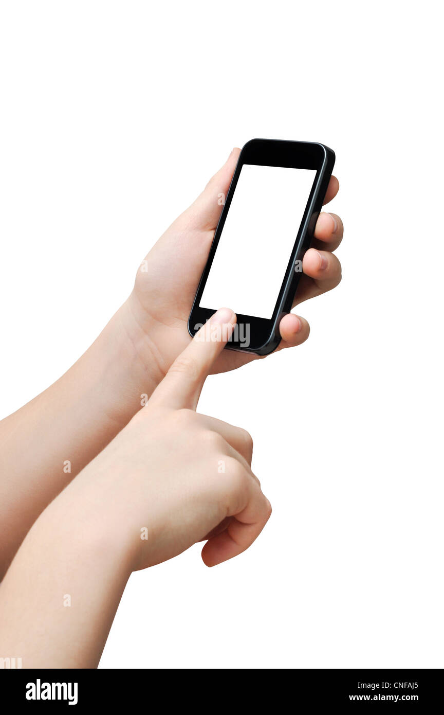 Pressing a button on a smart phone, touch screen, clipping path Stock ...