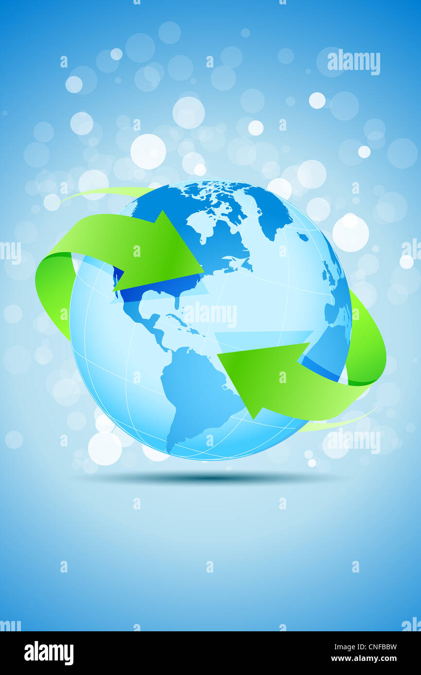 Planet Earth with Green Arrows and sparkles on blue background Stock ...