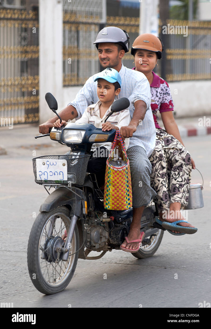 Burmese family - father, mother, son on a motorcycle, Mandalay, Burma ...