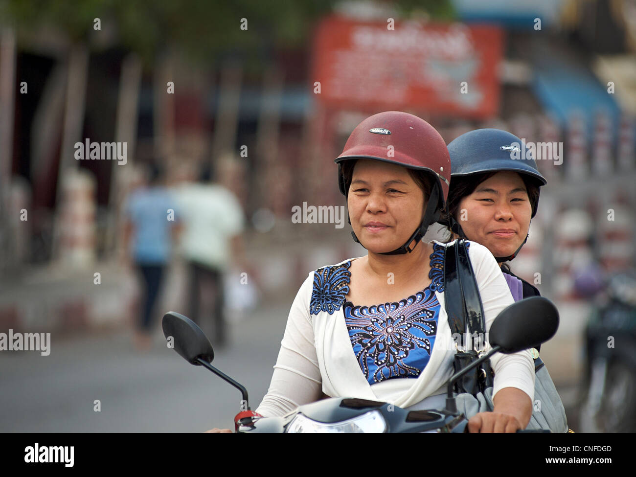 Two Burmese woman on a motorcycle, Mandalay, Burma. Myanmar Stock Photo ...