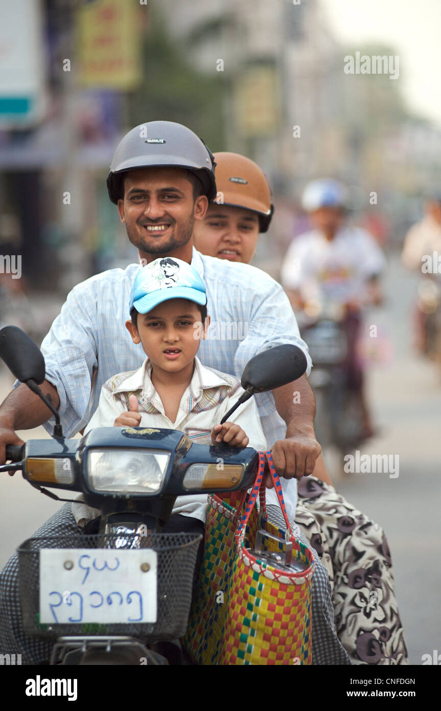Burmese family - father, mother, son on a motorcycle, Mandalay, Burma ...
