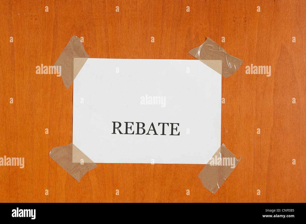 "rebate" sign on the door Stock Photo - Alamy