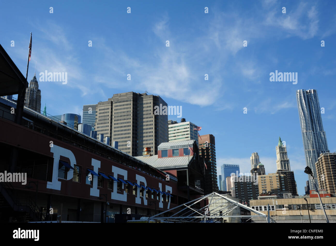 Blue sky view, towards Financial District skyscrapers, white 'Pier 17 ...