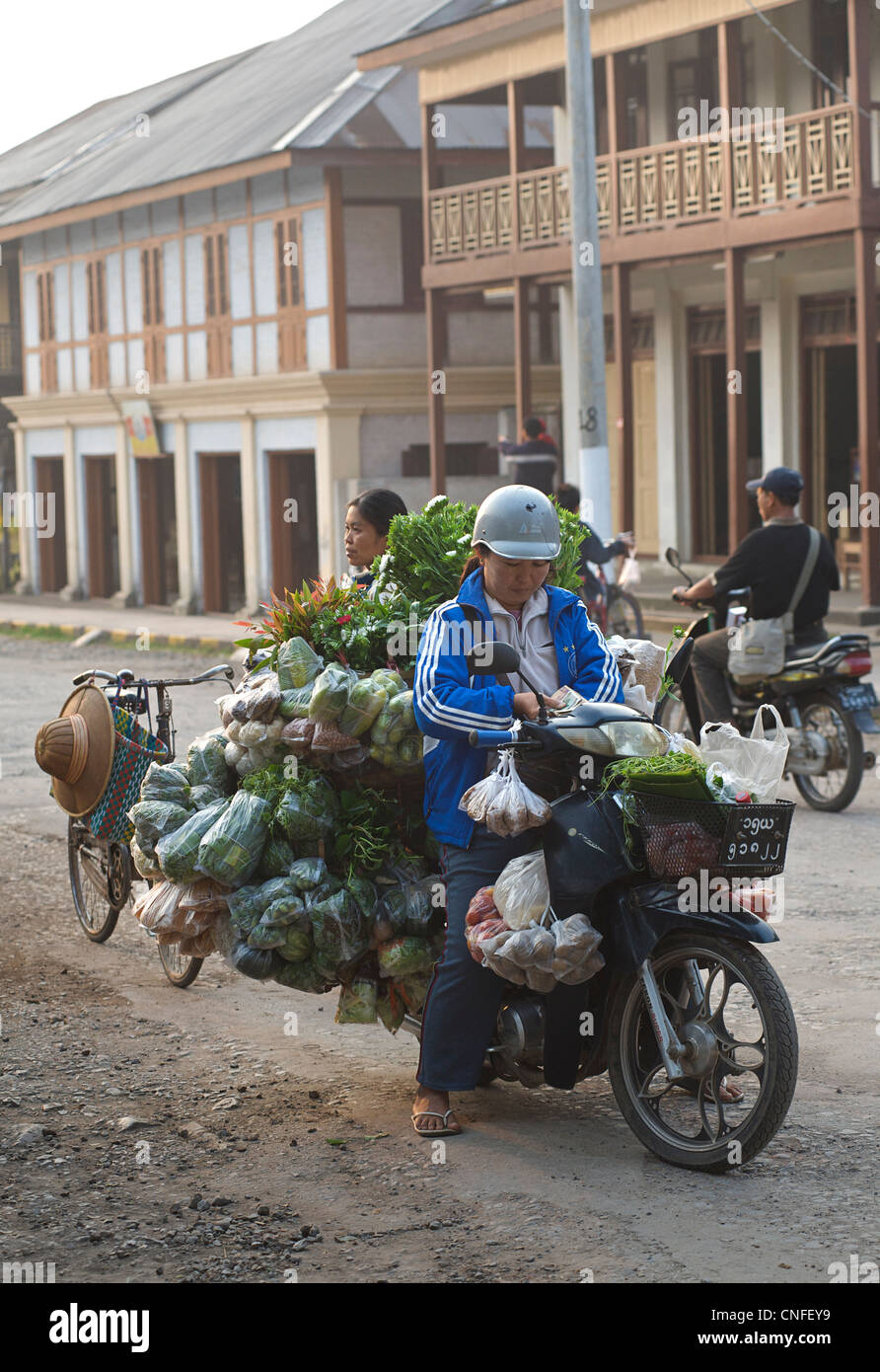 Burmese vendor fully laden with produce on her motorcycle. Hsipaw ...