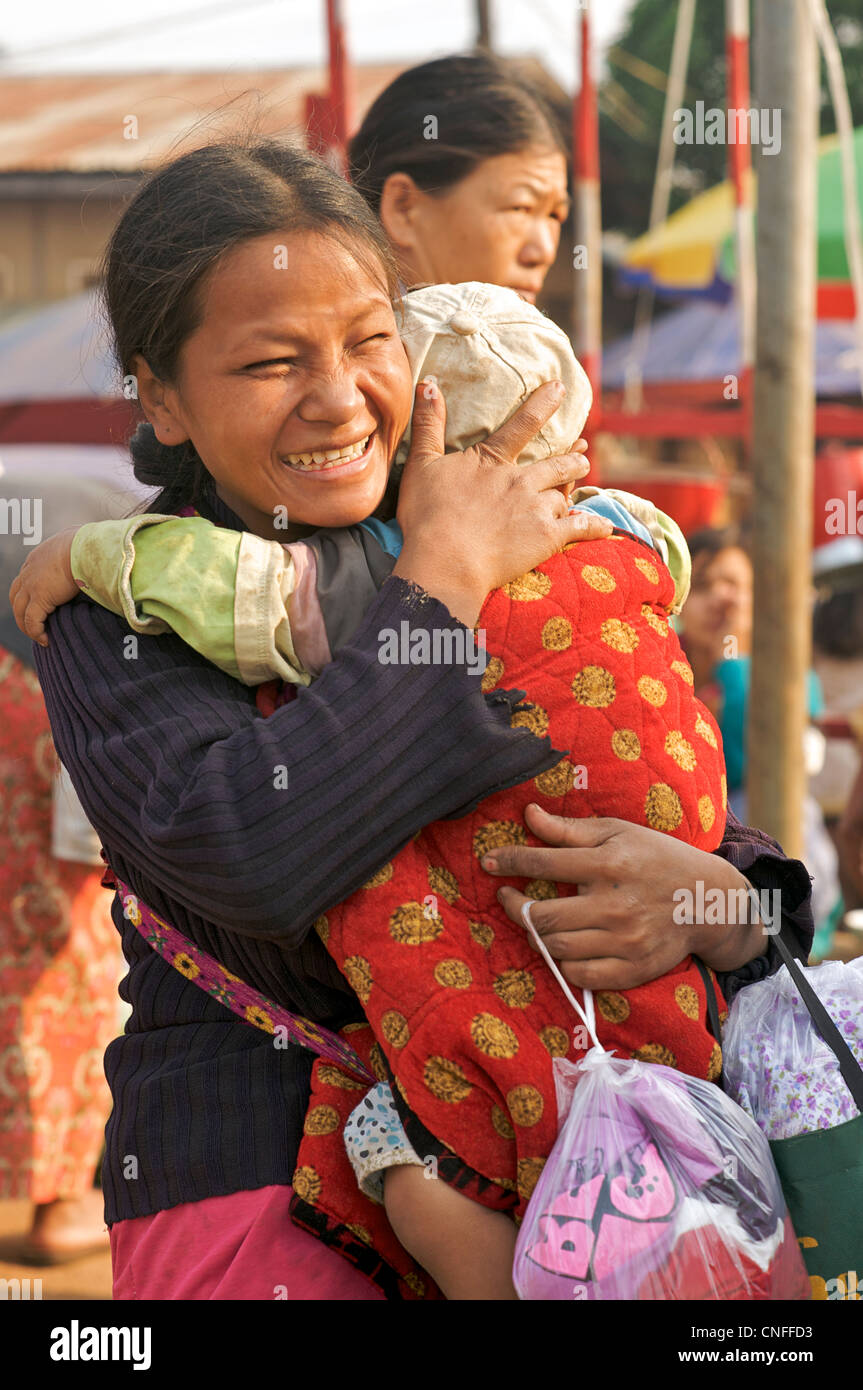 Burmese mother carrying child, Naung Mon, Lashio, Burma. Myanmar Stock ...