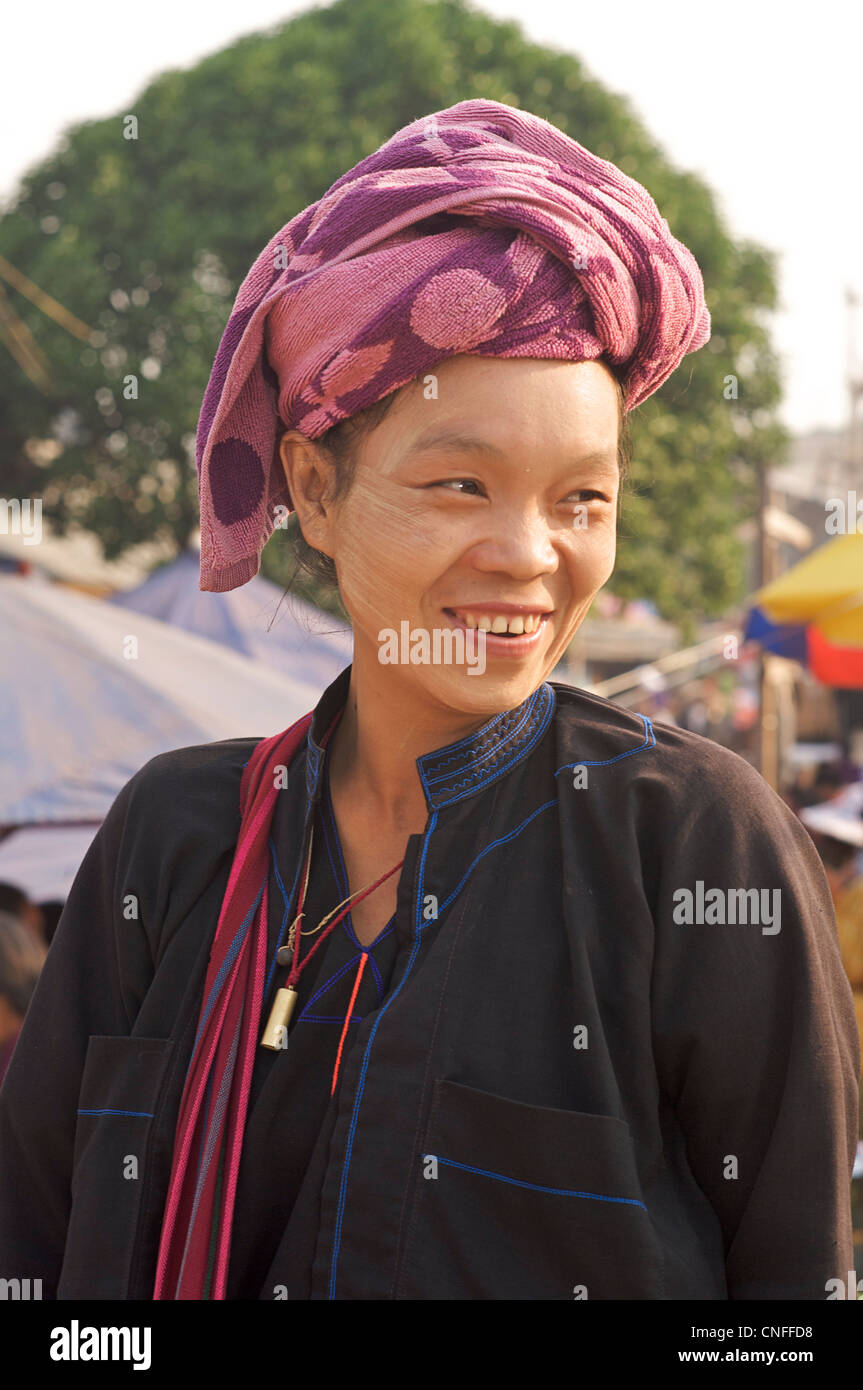 Burmese hilltribe woman in distinctive indigenous costume. Culturally ...