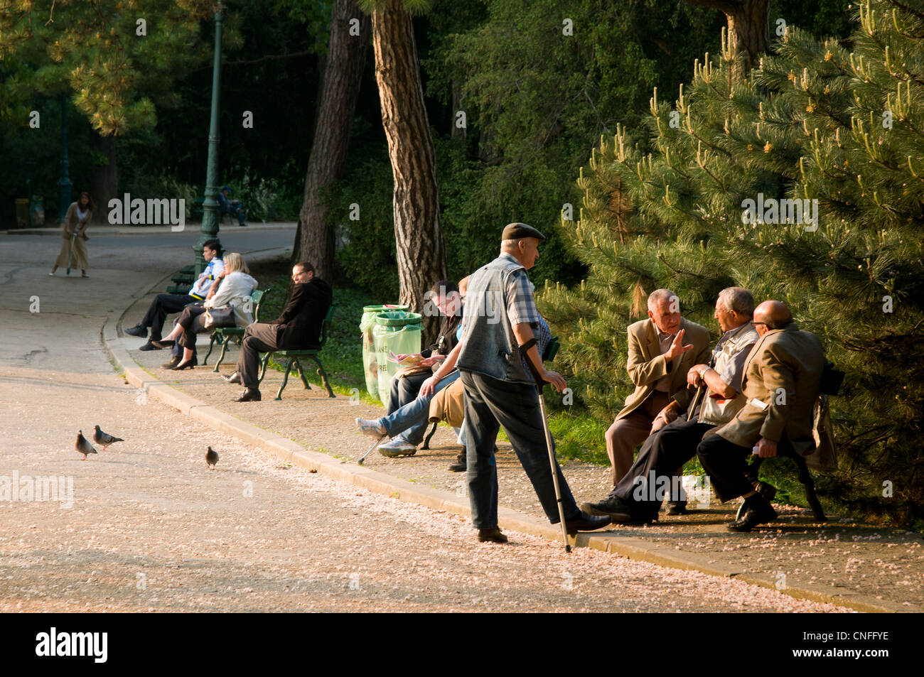 Group of older retired men talking and relaxing at Buttes-Chaumont Park ...
