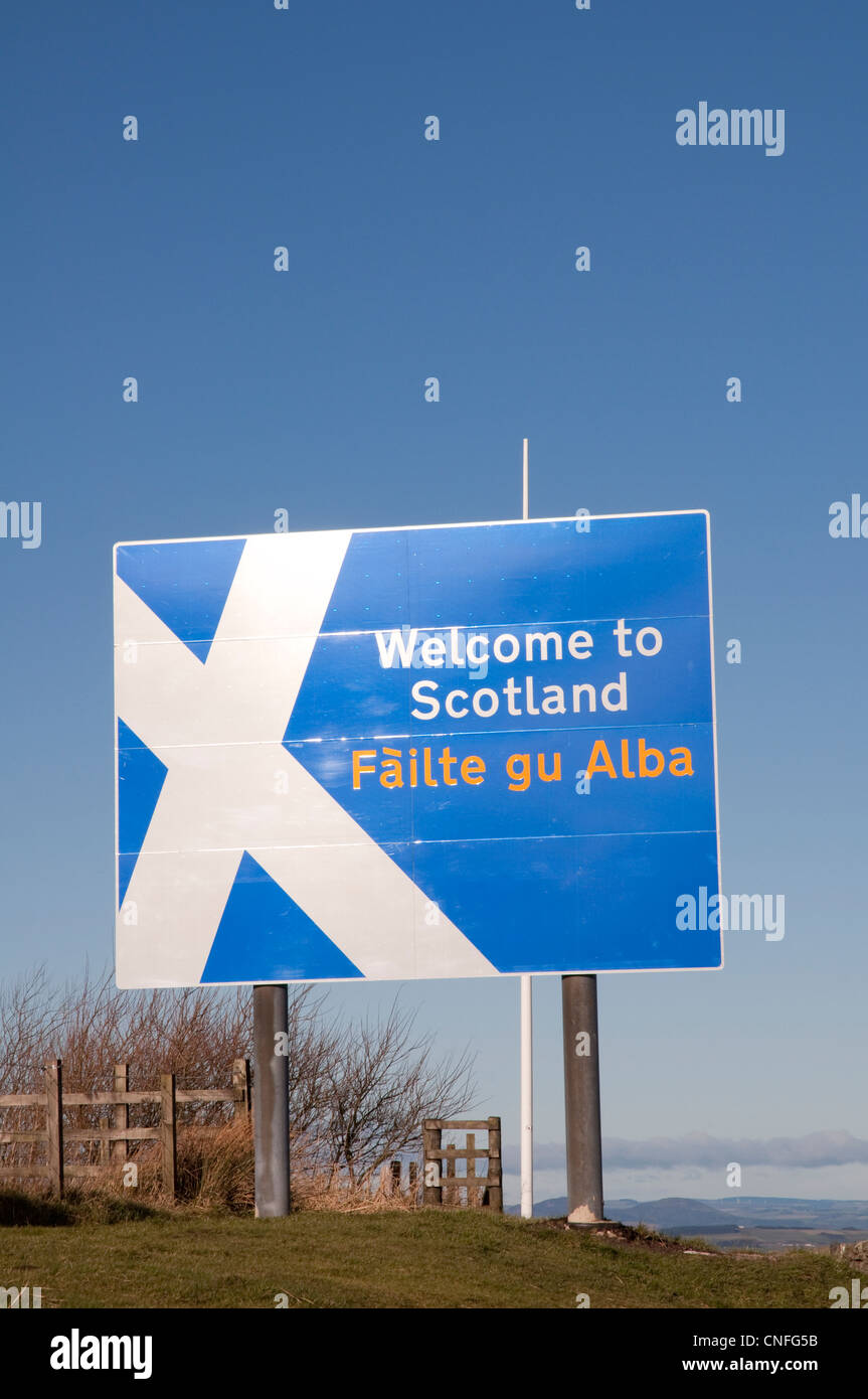 A 'Welcome To Scotland' sign at the Scottish border, on the A68 coming ...