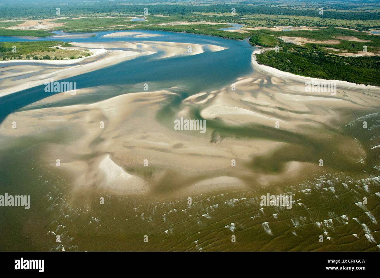 Mouth of a river and sand banks, aerial view, Pwani Region, Tanzania ...