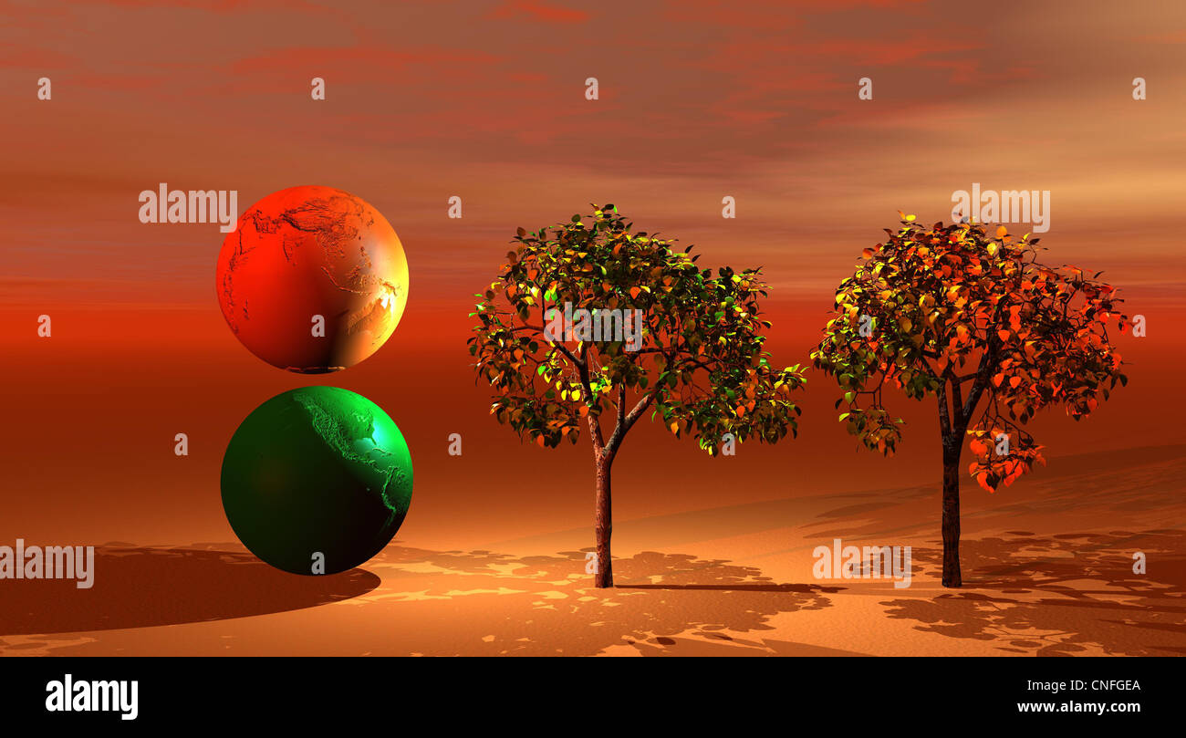 two balls world and two trees orange and green Stock Photo - Alamy