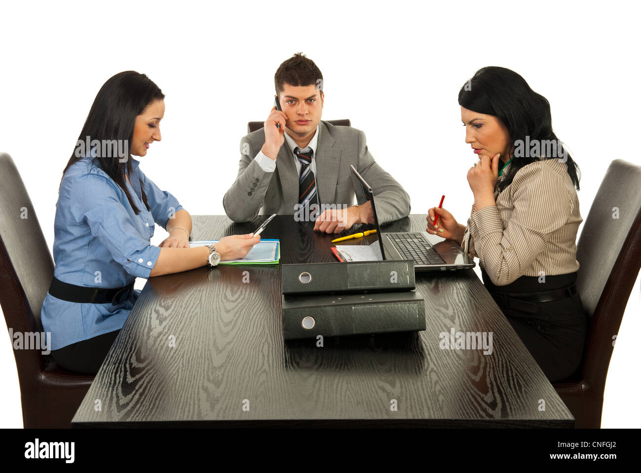 Business people working in office doing different things against white ...