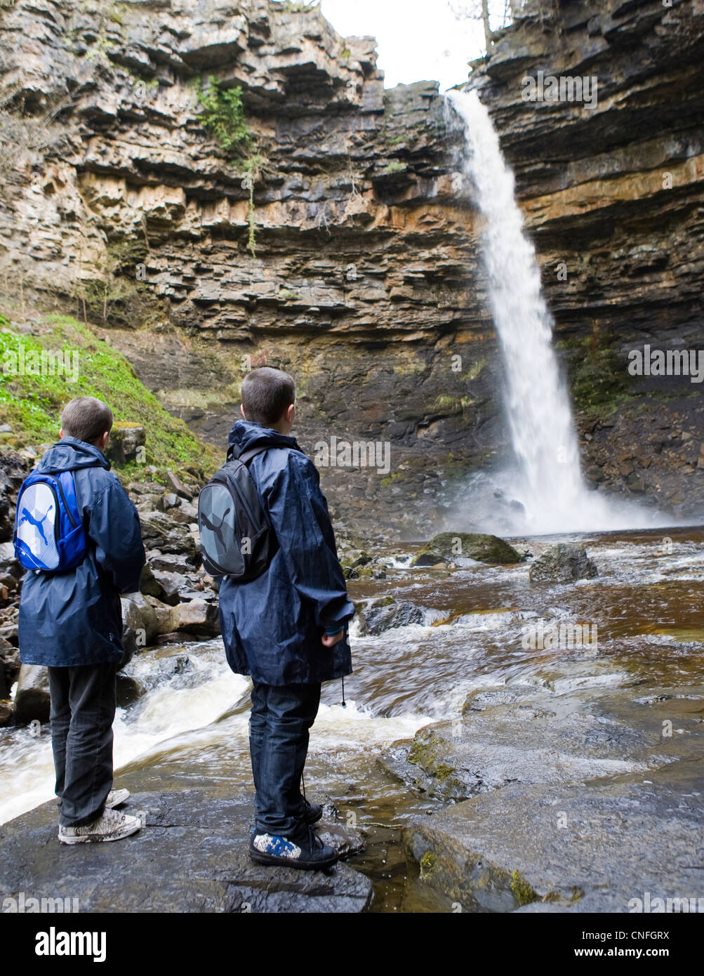 Children at Hardraw Force waterfall, Near Hawes in the North Yorkshire ...