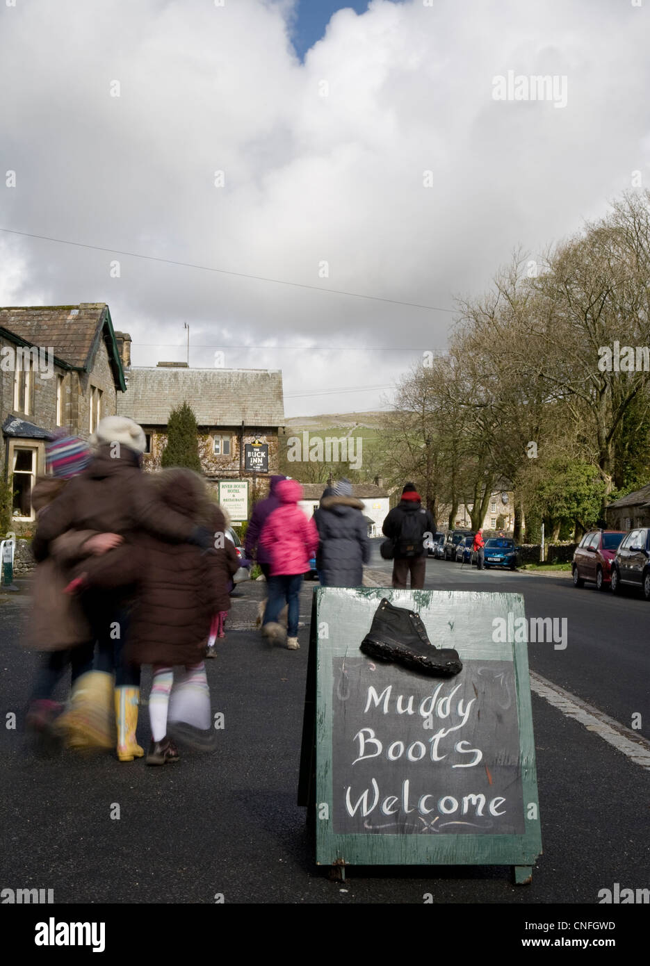 Muddy Boots Welcome A welcoming Sign outside a Malham Cafe in ...