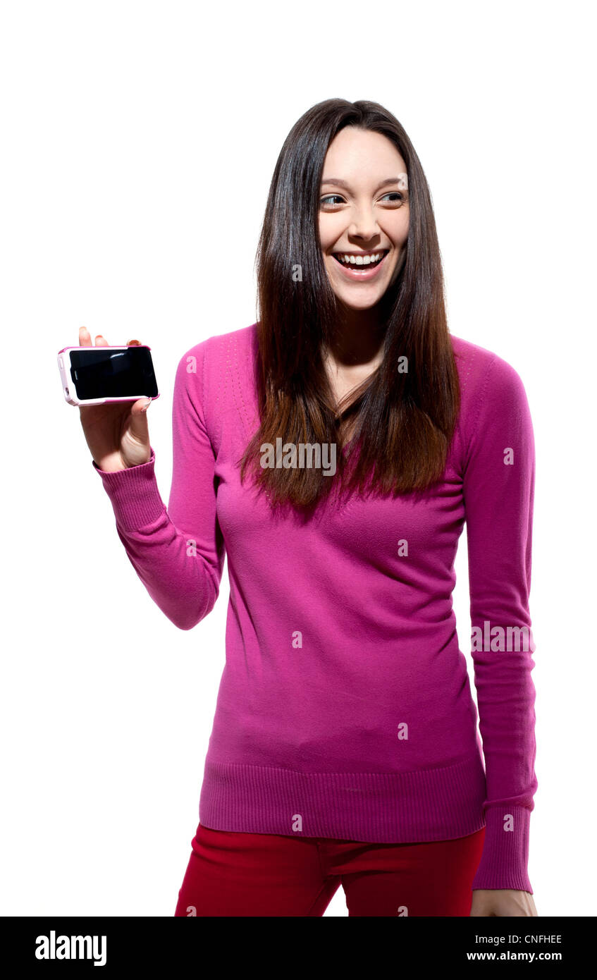 Young woman holding up smartphone Stock Photo - Alamy