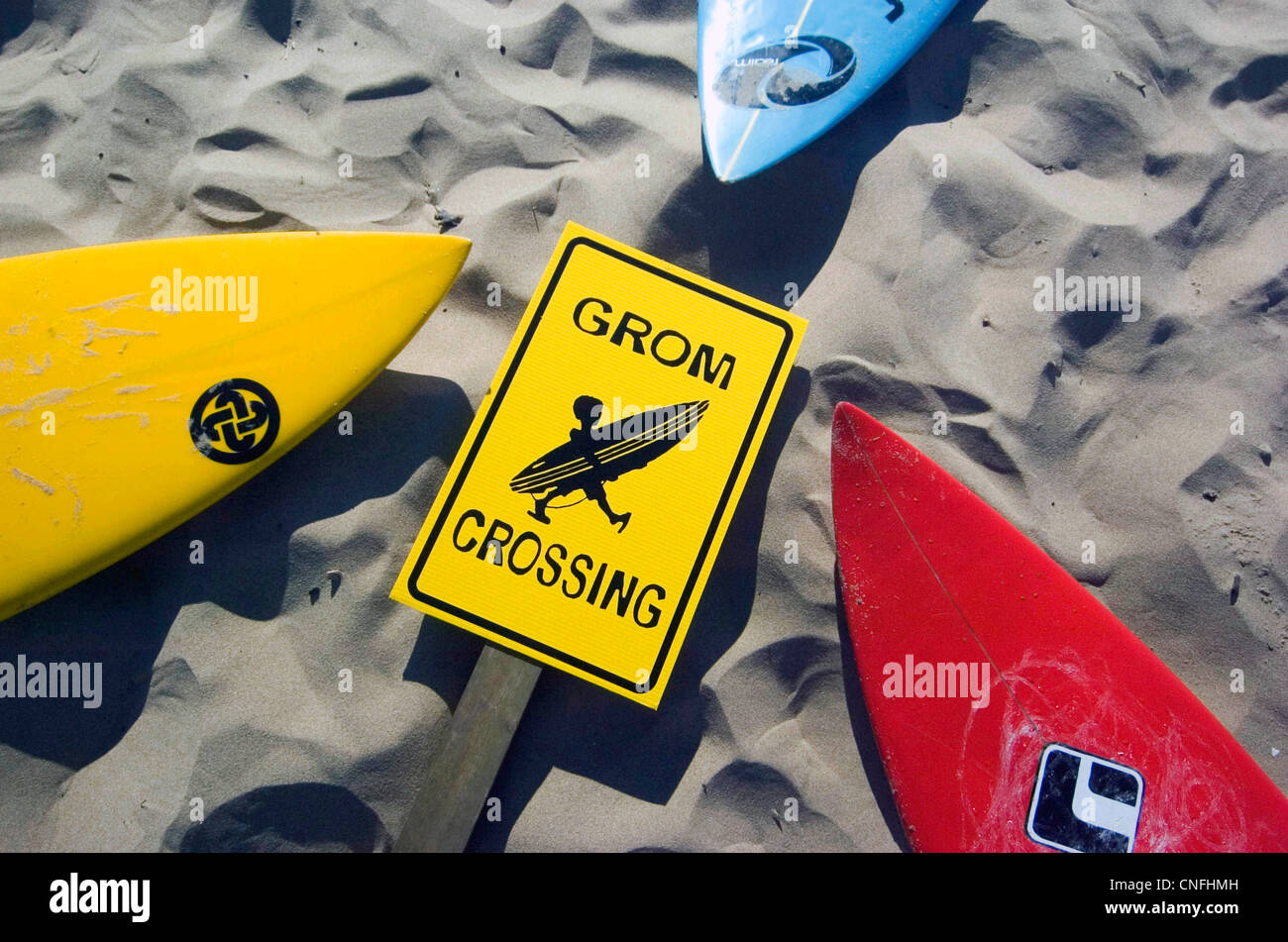 Groms crossing sign on beach at Llangennith on the Gower Peninsula near ...