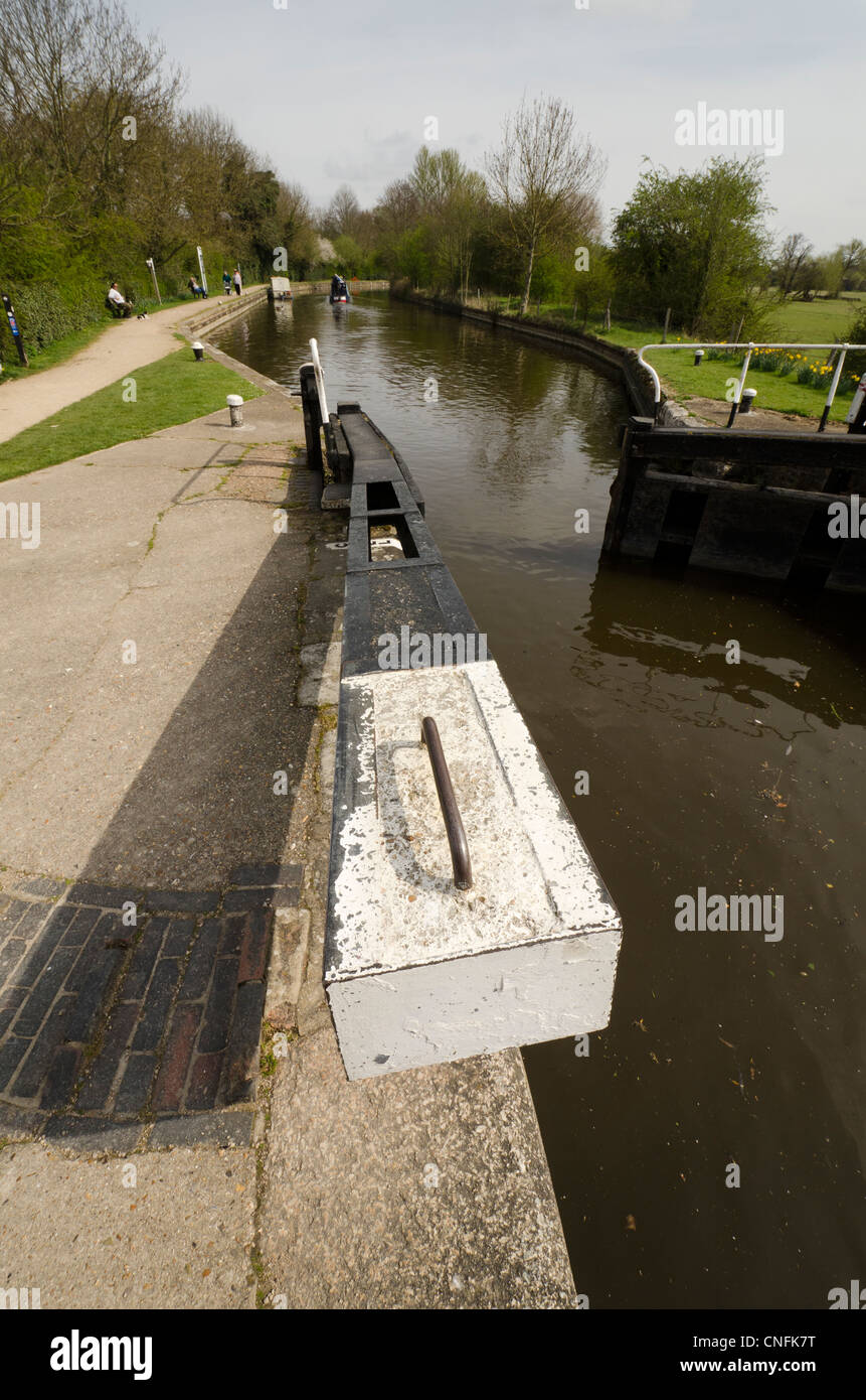 close up image of a canal lock gate arm and handle Stock Photo - Alamy