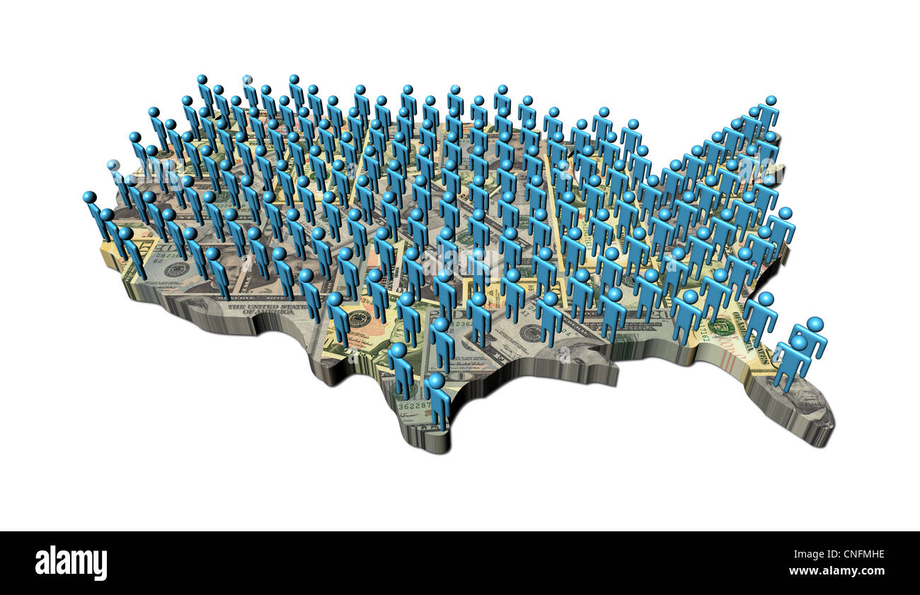 Rows of abstract people on USA map dollars illustration Stock Photo - Alamy