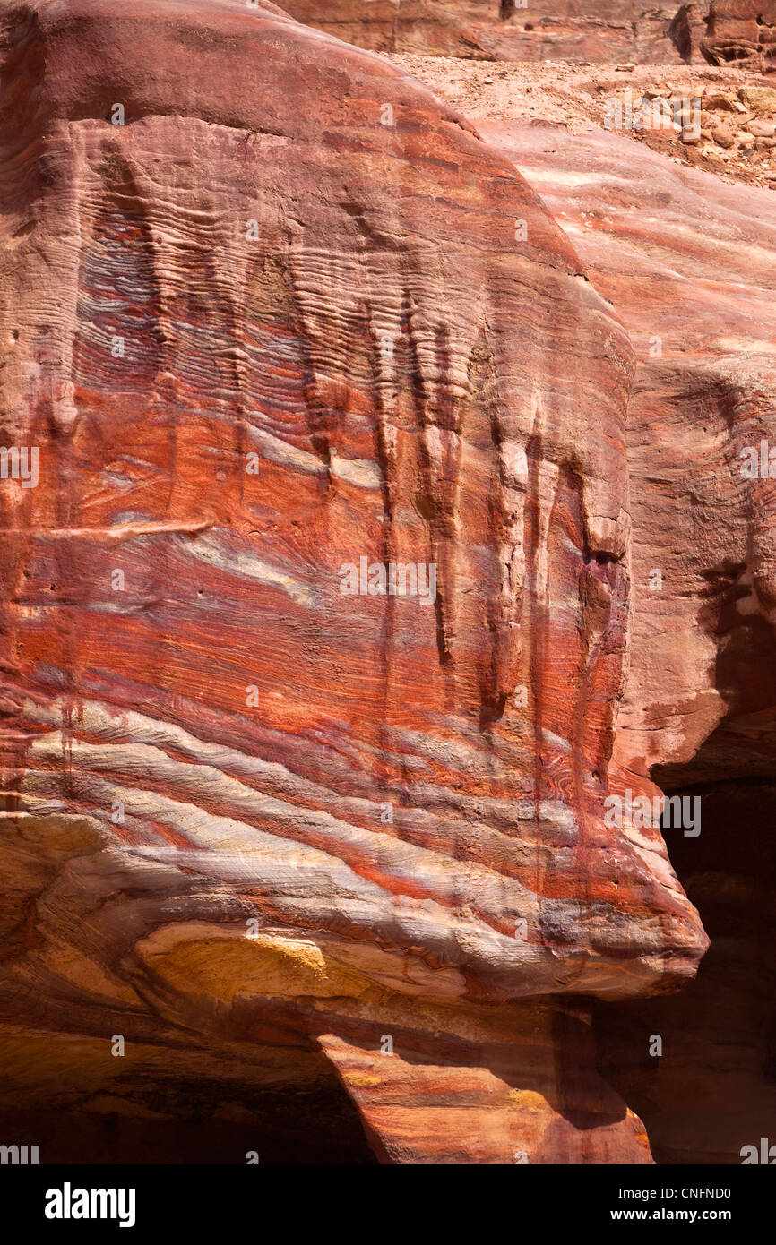 Coloured rock detail, The Silk Tomb, Royal Tombs area, Petra, Jordan ...