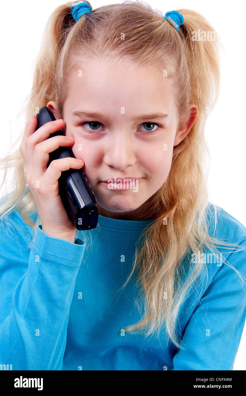 Girl is calling on the phone over white background Stock Photo - Alamy