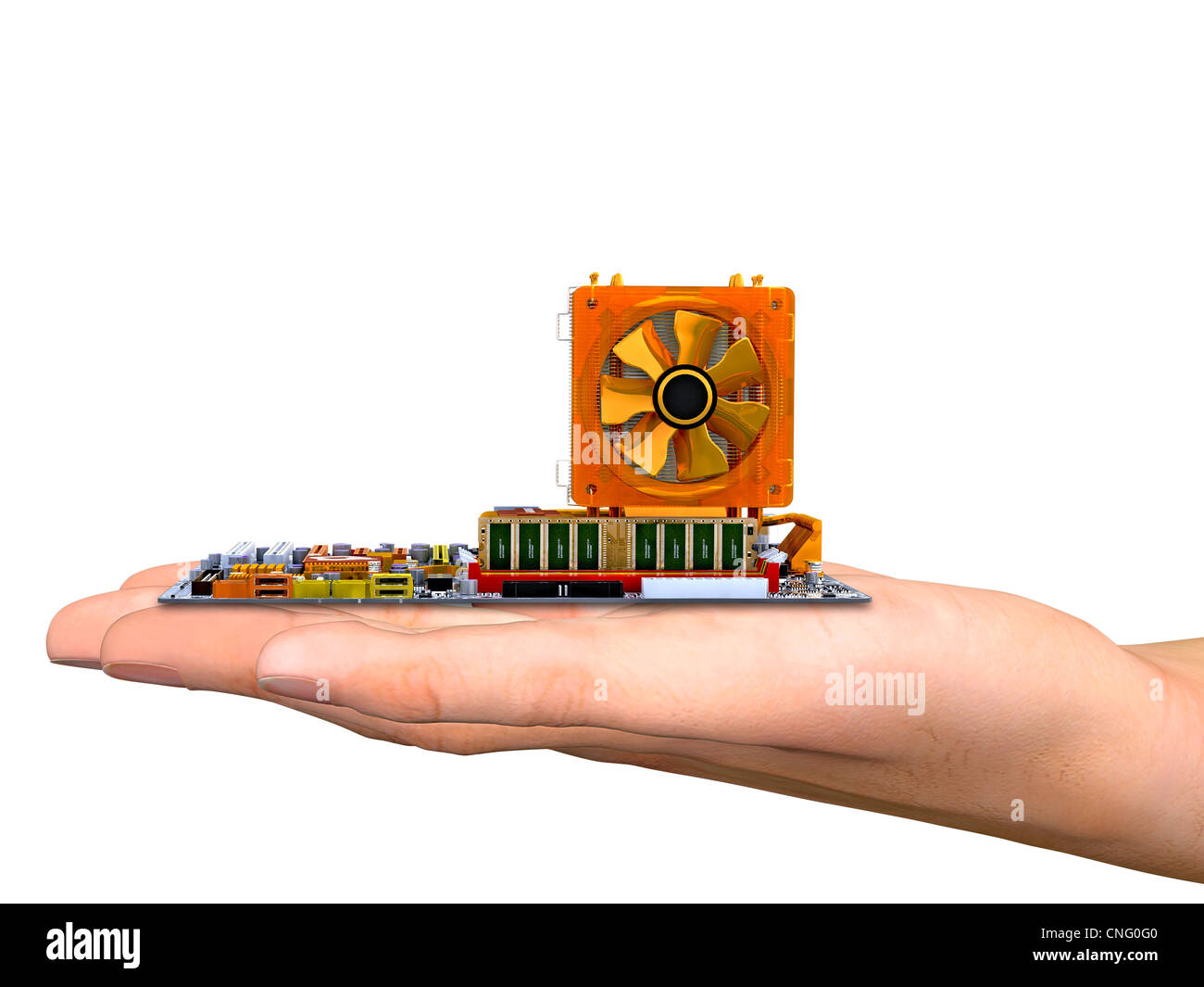 Hand with computer motherboard artwork Stock Photo - Alamy