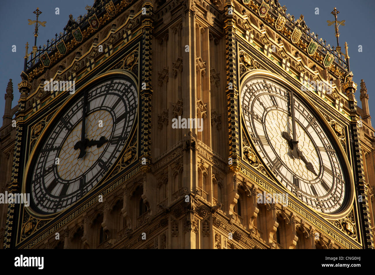 Two dials of the great clock, on the bell tower of Westminster Palace ...