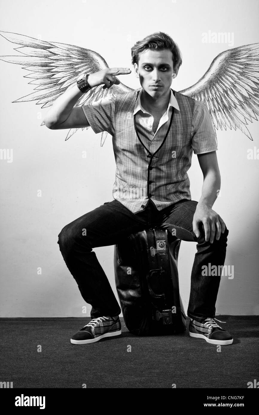 Male angel and wings Black and White Stock Photos & Images - Alamy