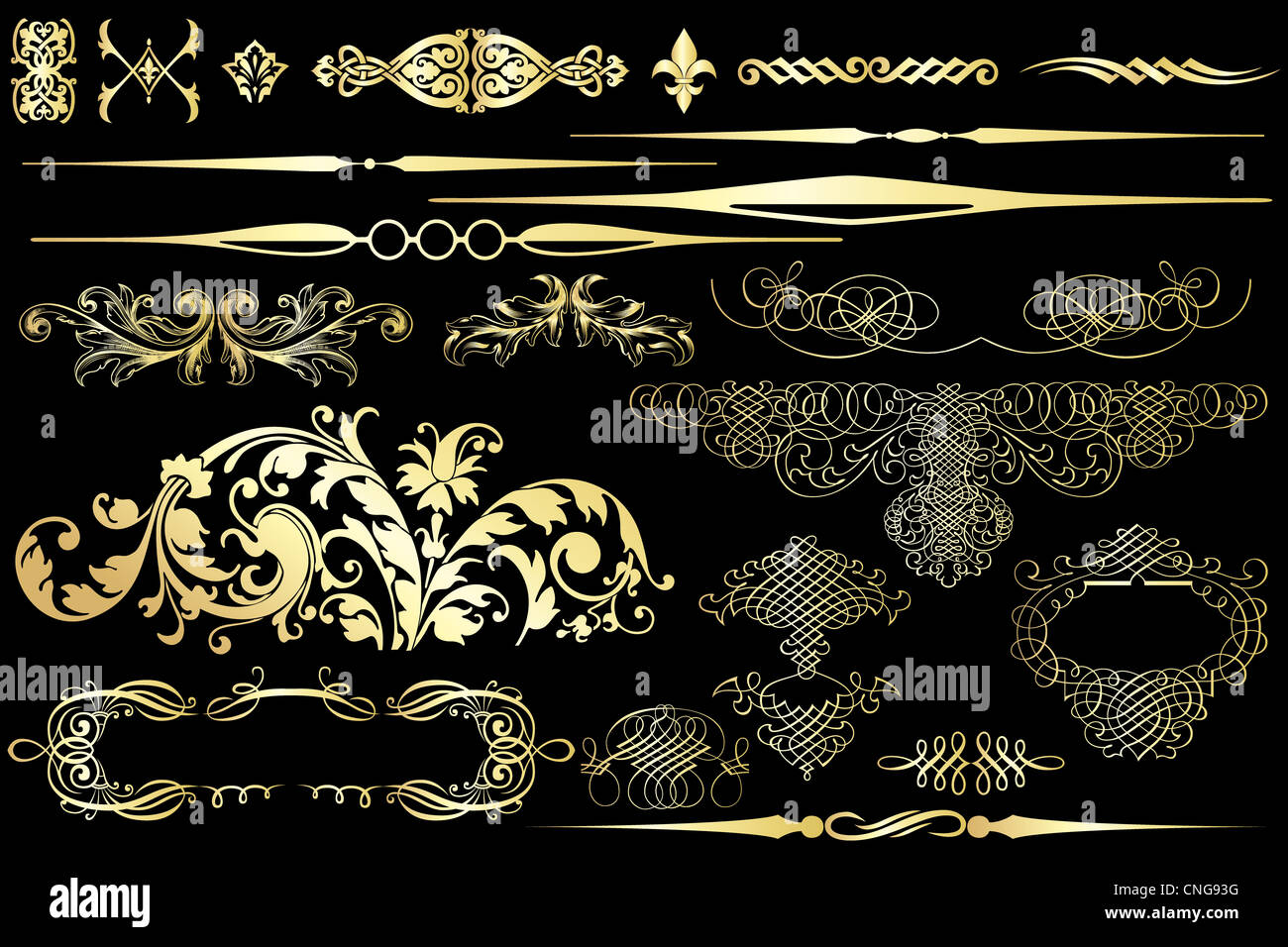Collection of golden vintage design elements isolated on black Stock ...