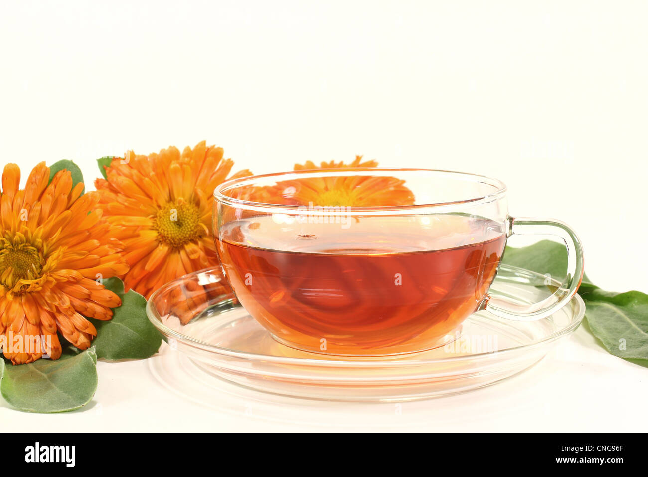 fresh marigold tea with flowers and leaves on a bright background Stock ...