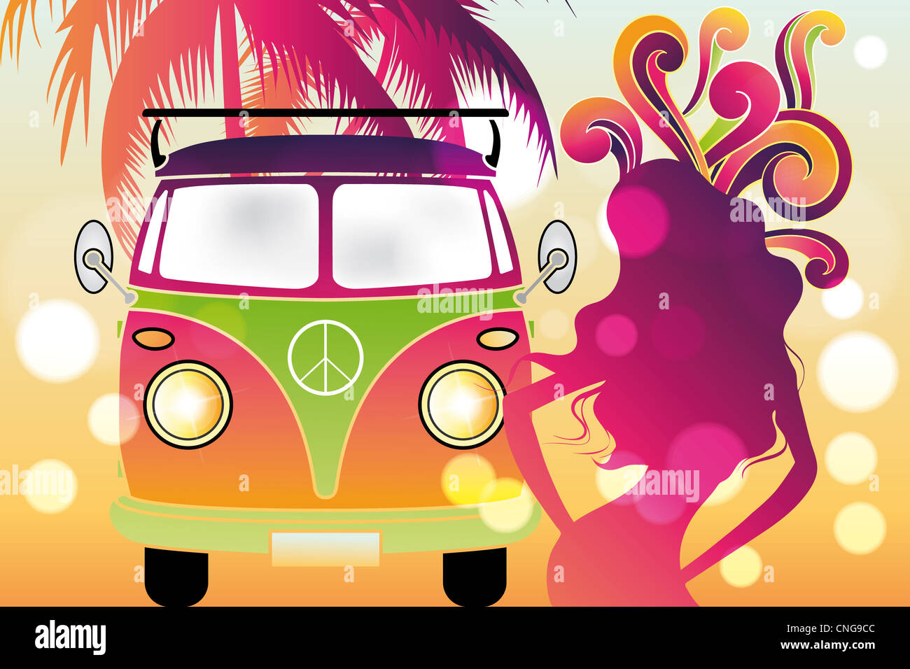Retro flower power design with retro car, swirls and abstract ...