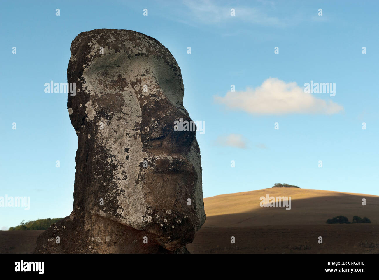 Portrait of moai with volcano in background Stock Photo - Alamy