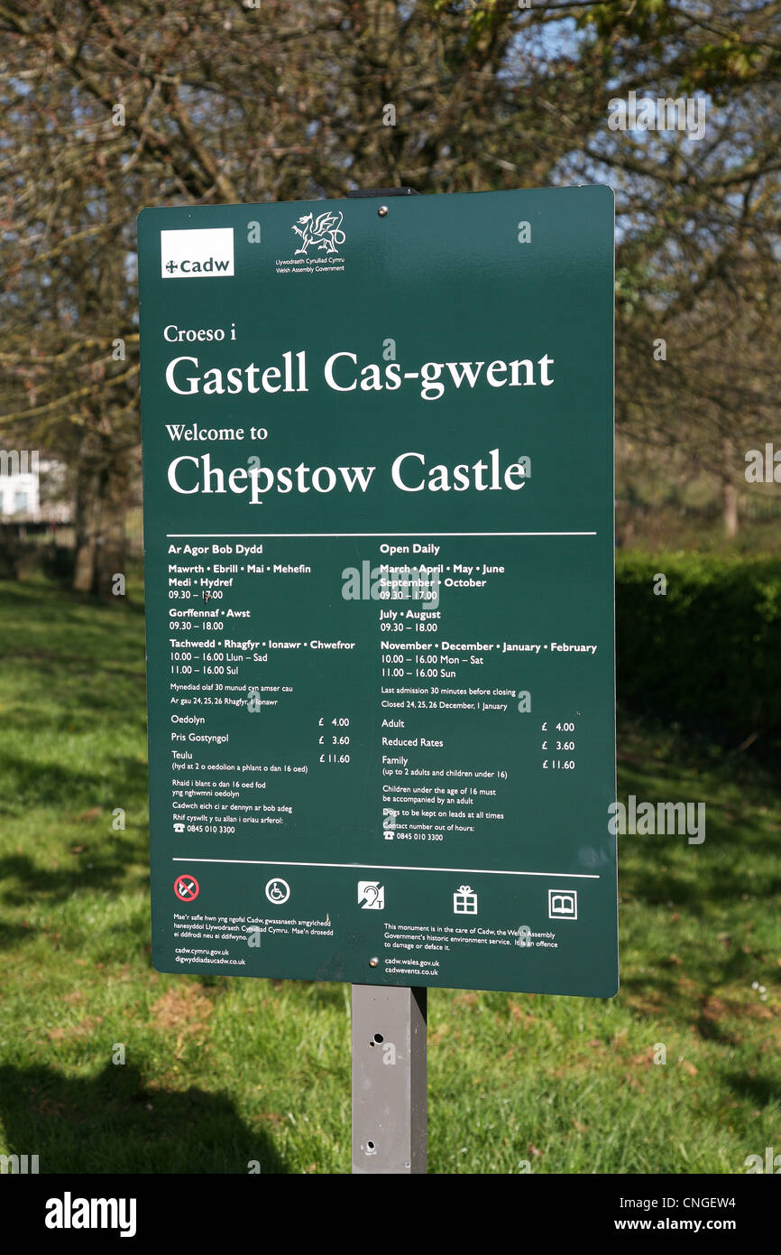 sign at entrance to the ancient Chepstow Castle Stock Photo - Alamy