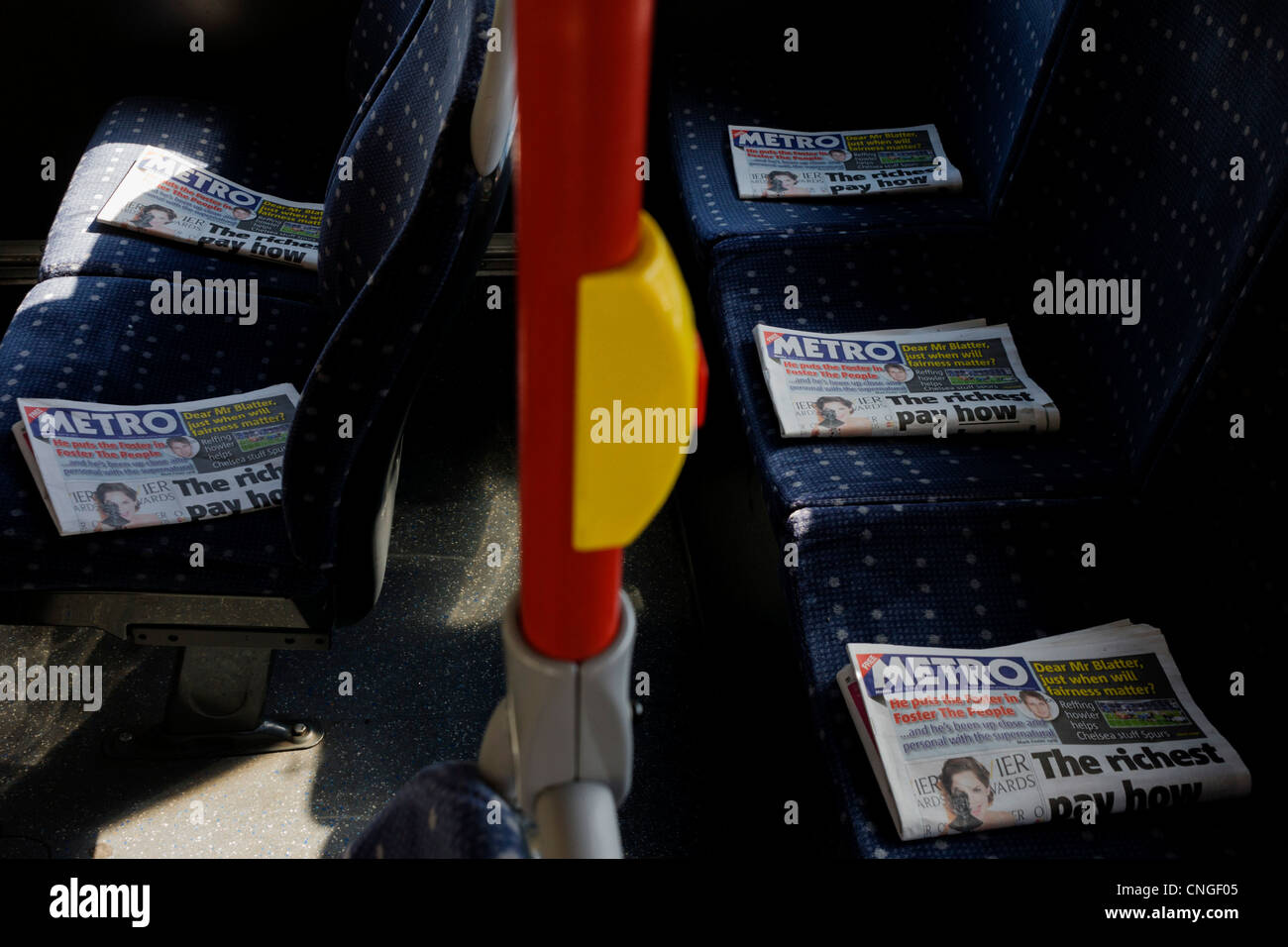 Copies of the free daily tabloid Metro newspaper carefully placed on ...