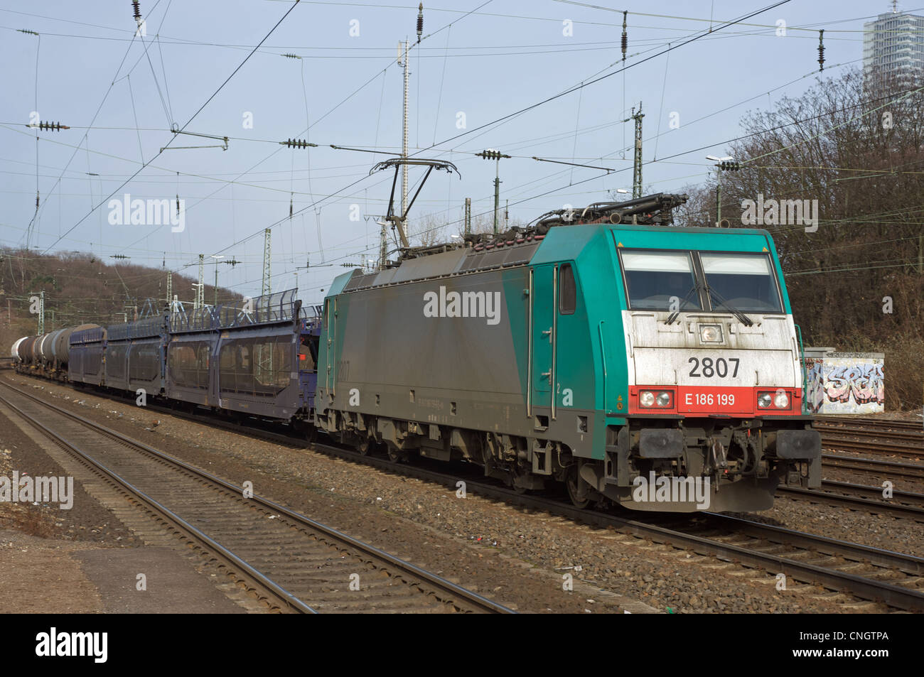 Mixed cargo freight train Germany Stock Photo - Alamy