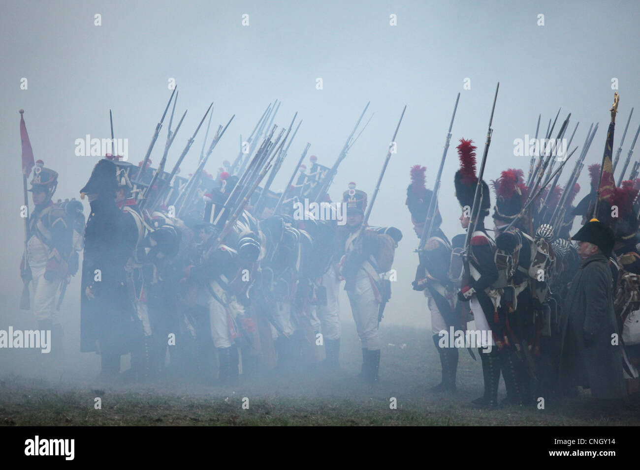 French troops. Re-enactment of the Battle of Austerlitz (1805) at ...