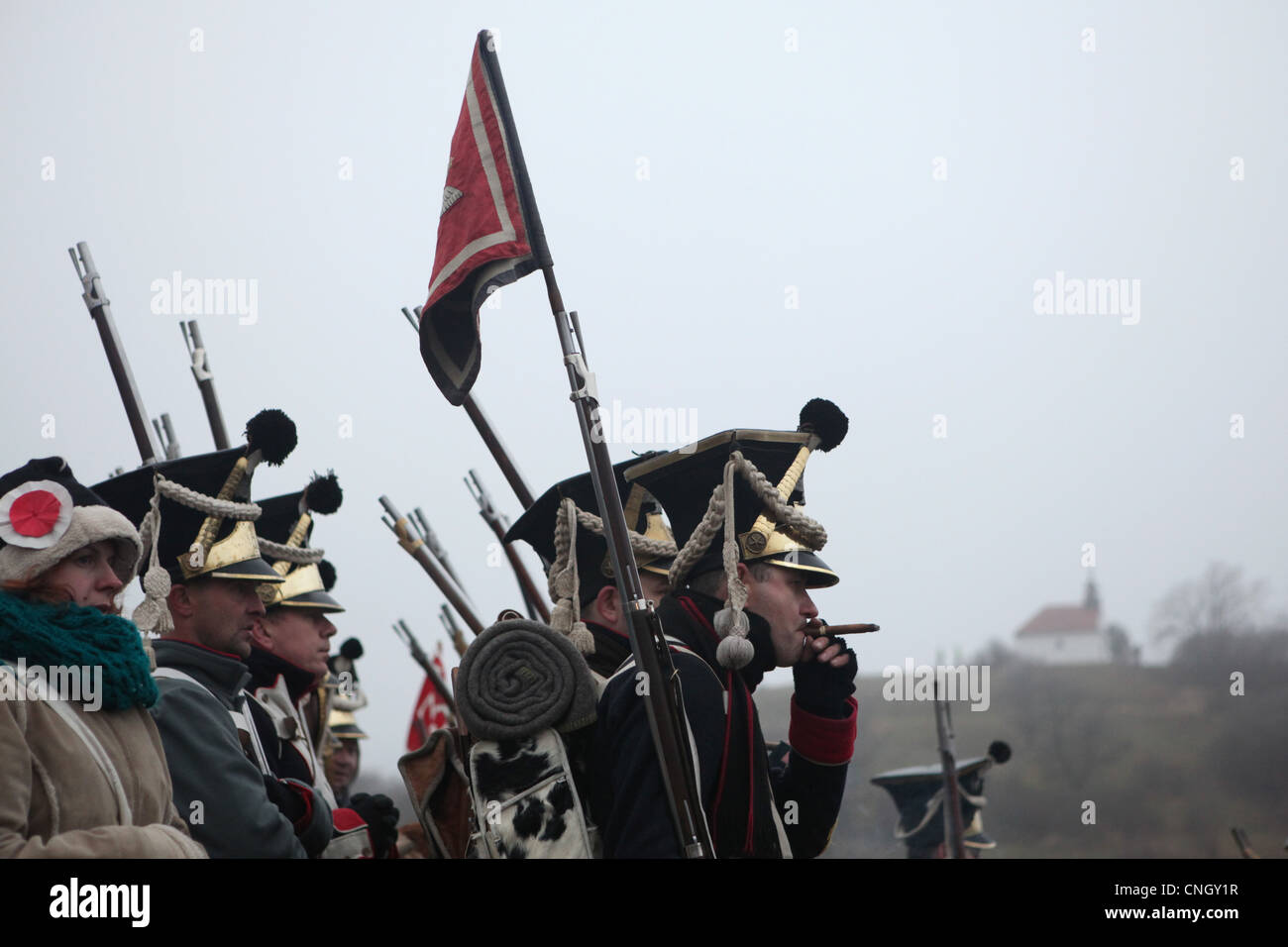 French troops. Re-enactment of the Battle of Austerlitz (1805) at ...