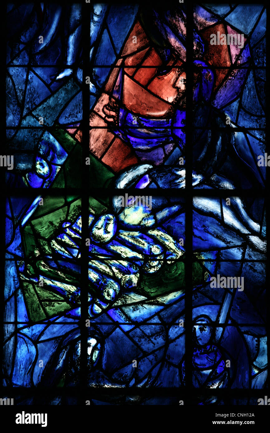 Detail of the stained-glass windows by March Chagall in the Notre-Dame ...