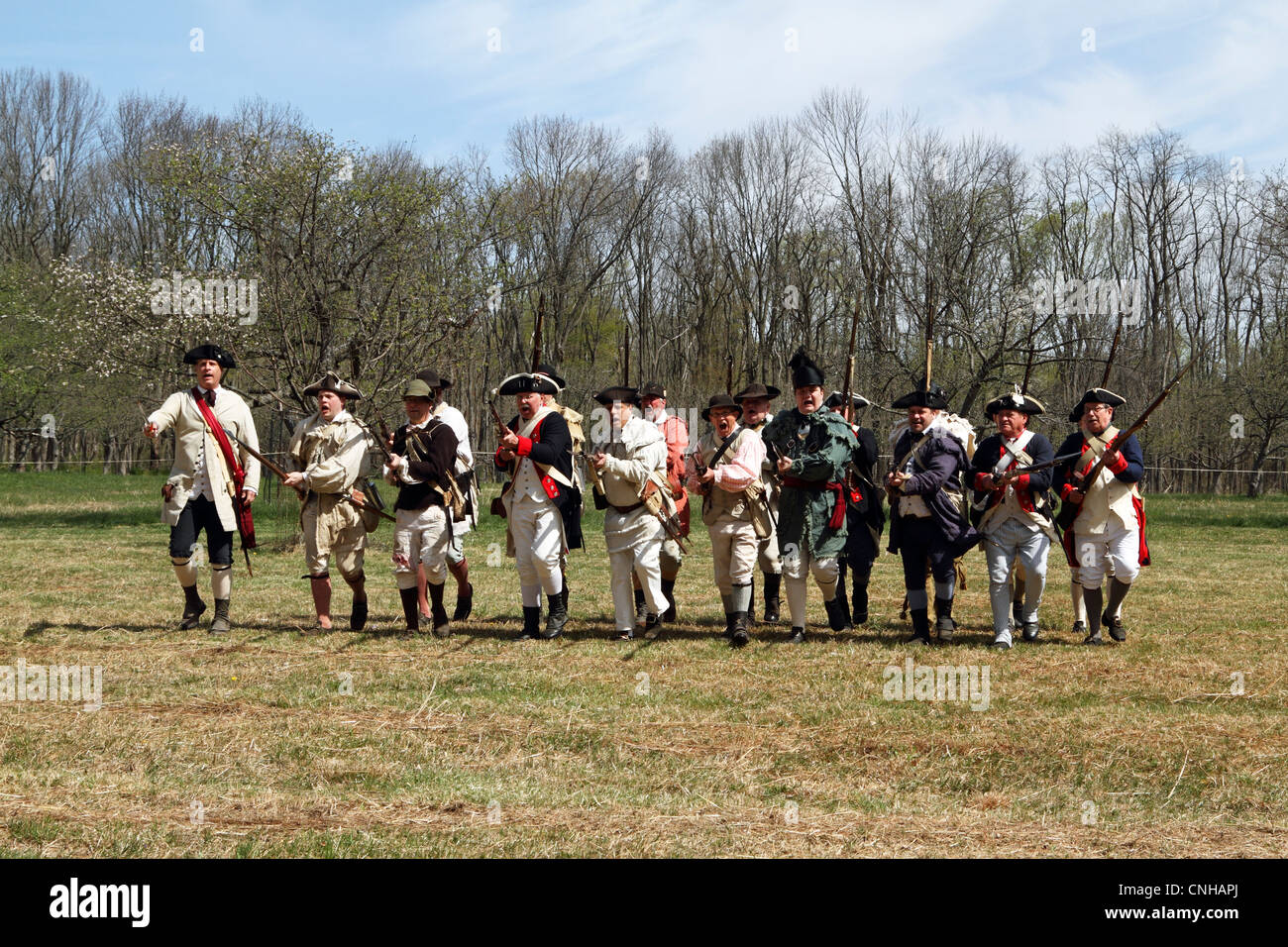 A re-enactment of bayonet charge by Continental Army in Jockey Hollow ...
