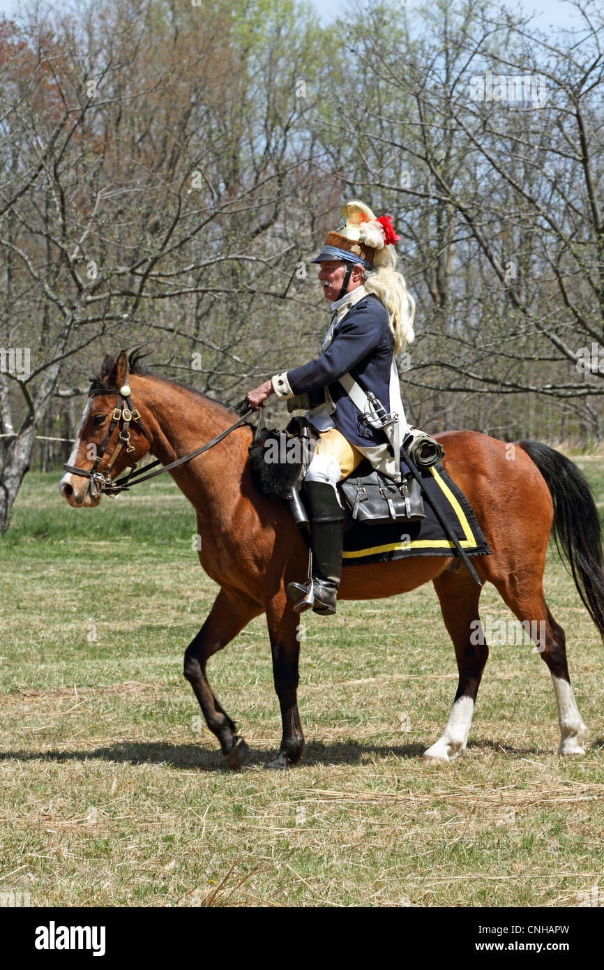 A mounted Dragoon soldier of the American Continental Army during a re ...