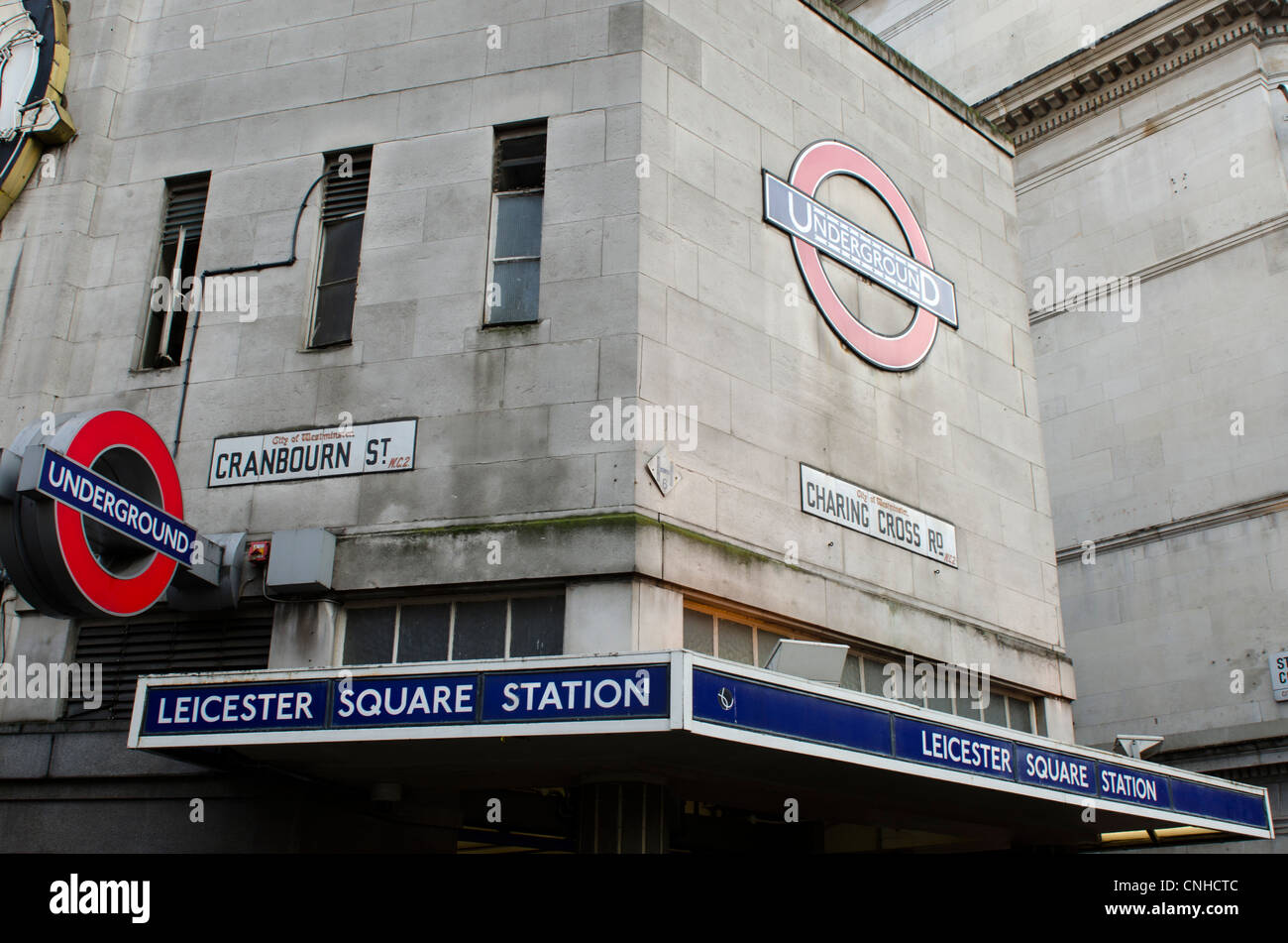 Leicester Square Tube station sign, corner Cranbourne street & Charing ...