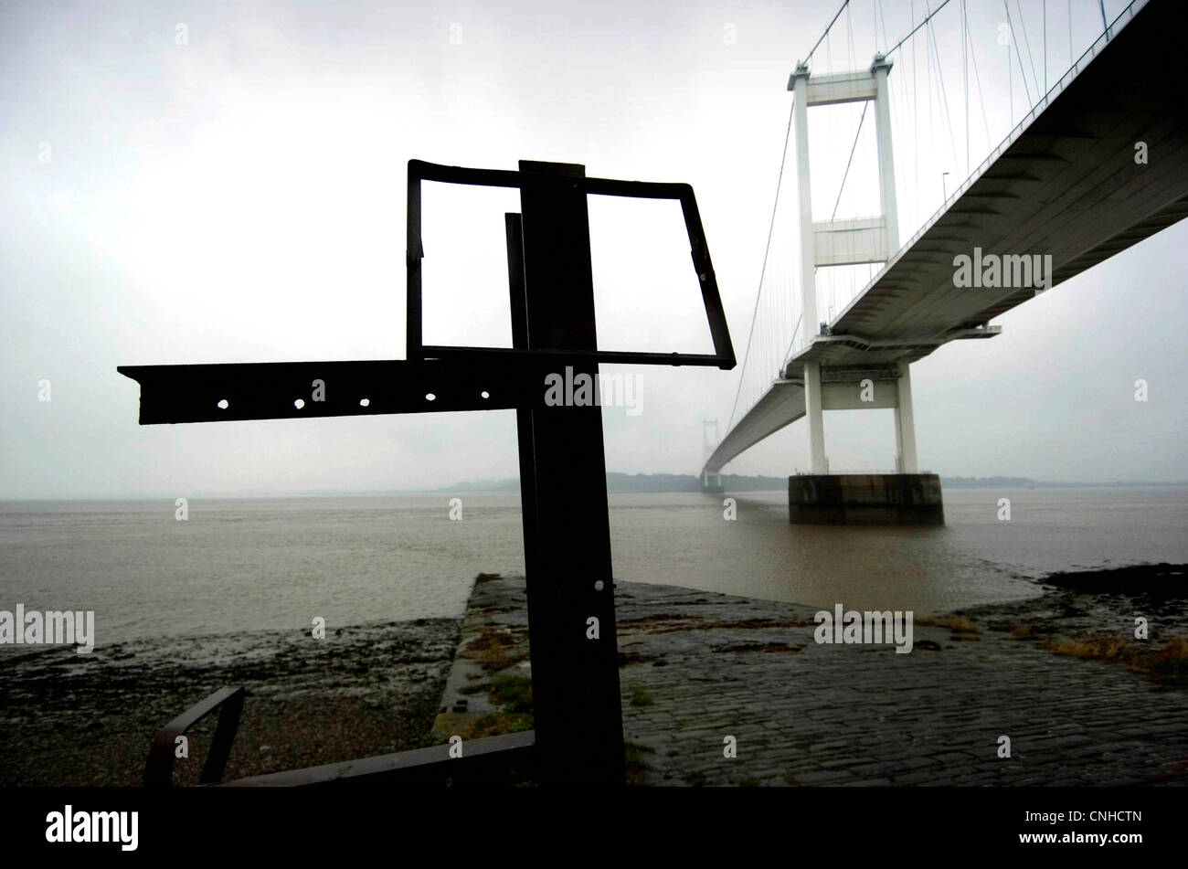 The old Severn Bridge with the old Aust Ferry slipway in the foreground ...