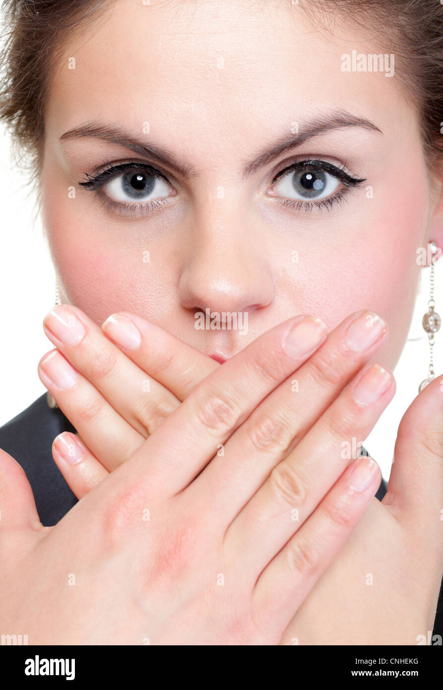 Business woman with shocked expression isolated on a white background ...