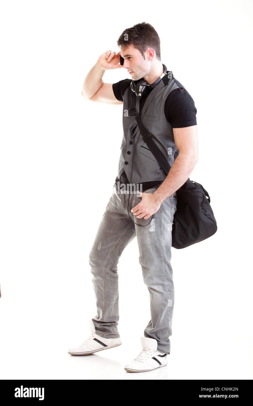 Full length portrait school boy phone isolated on white Stock Photo - Alamy