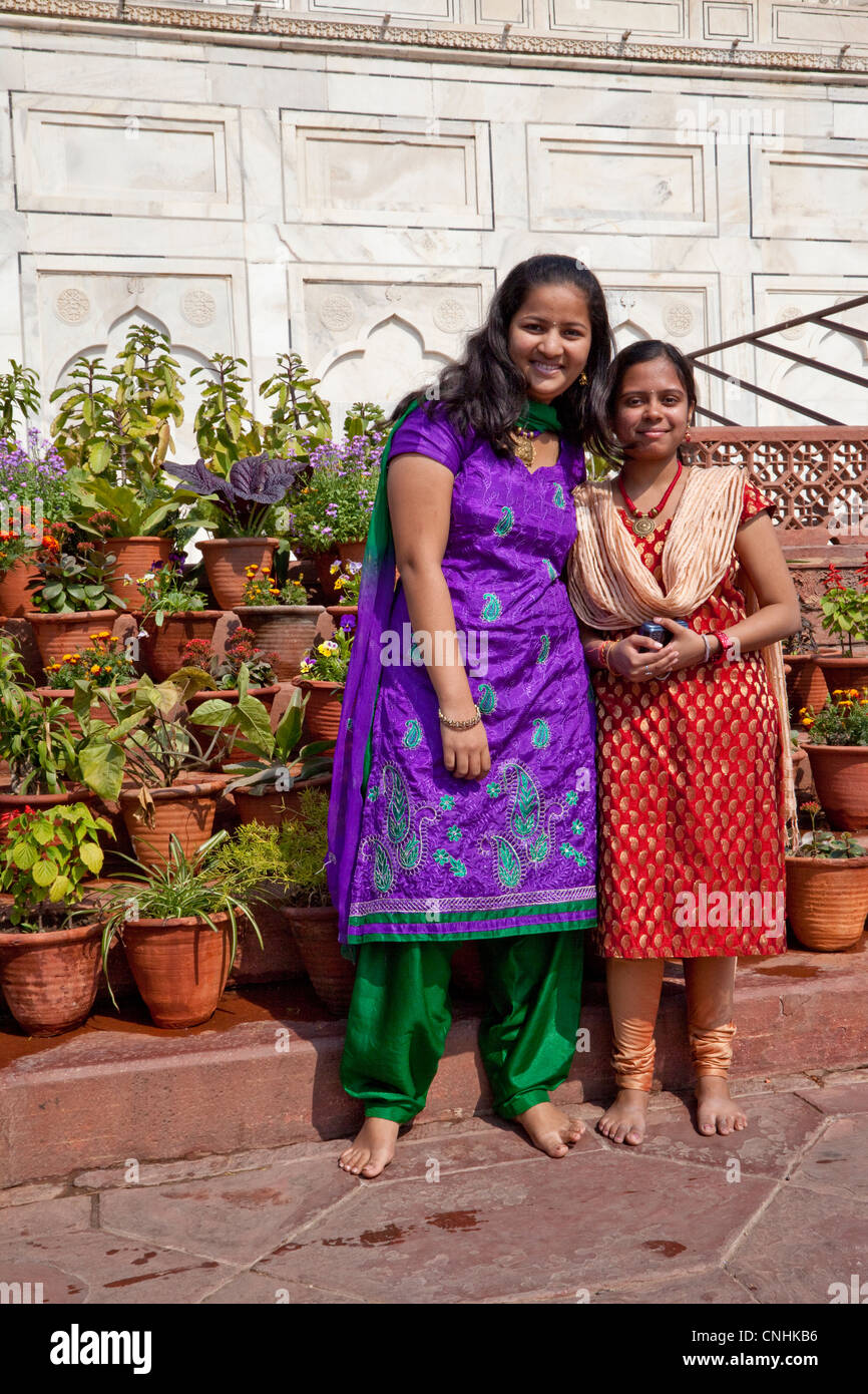 Agra, India. Indian Women Visitors to the Taj Mahal. Each wears a bindi ...
