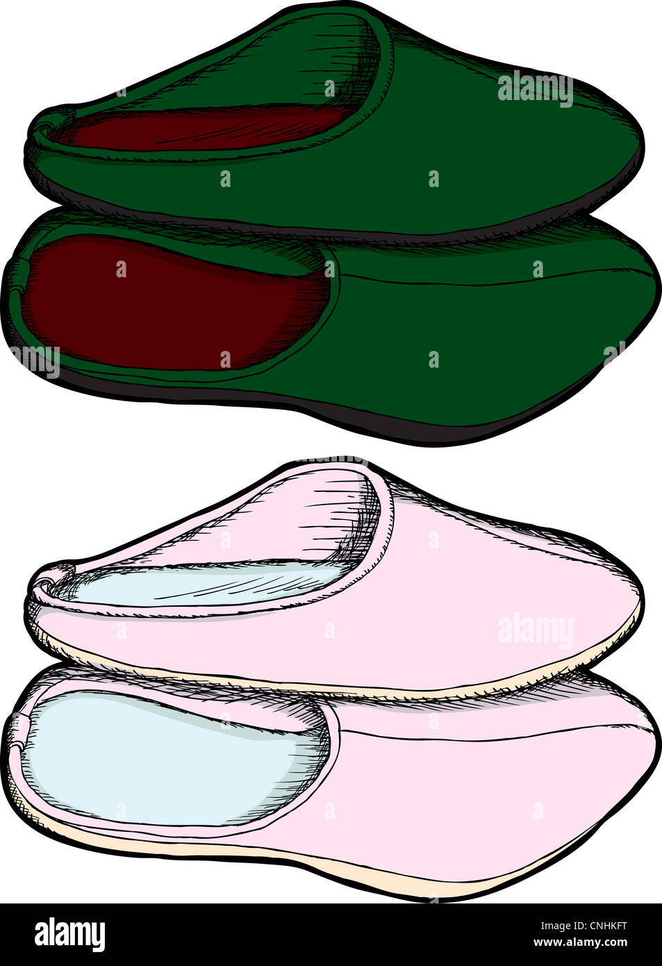 Cartoon of isolated slippers in pink and green Stock Photo - Alamy