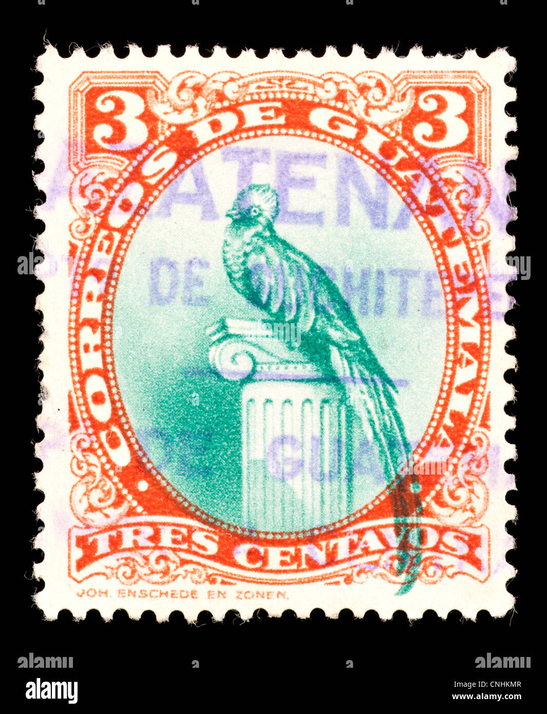 Postage stamp from Guatemala depicting the national bird, a quetzal ...