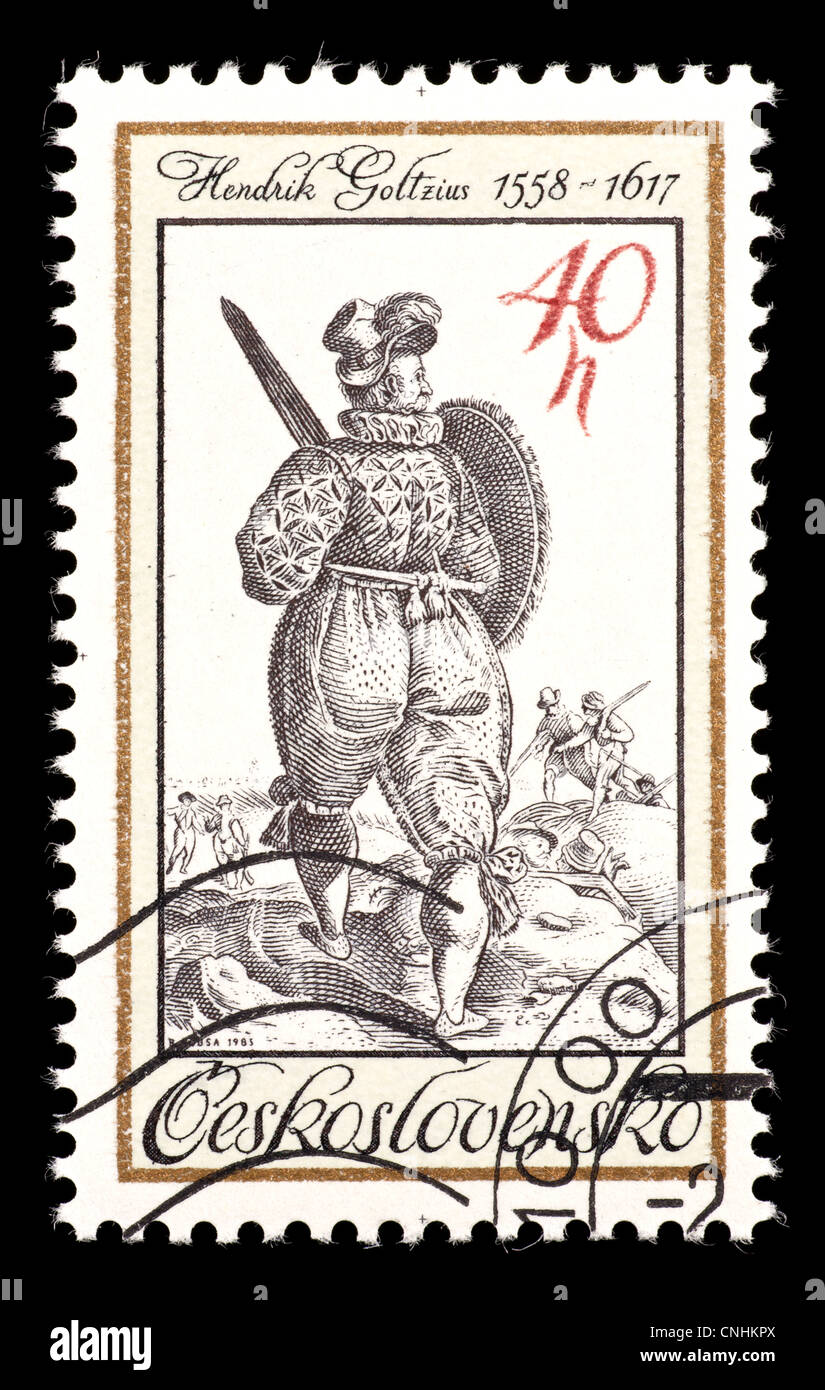 Postage stamp from Czechoslovakia depicting a warrior with a shield and ...
