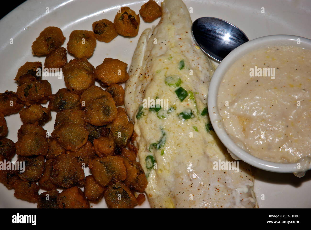 Deep fried battered okra broiled redfish filet melted butter diced ...