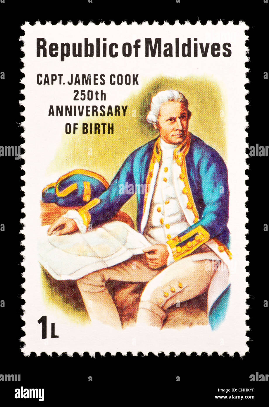 Postage stamp from the Maldives depicting Captain James Cook, early ...