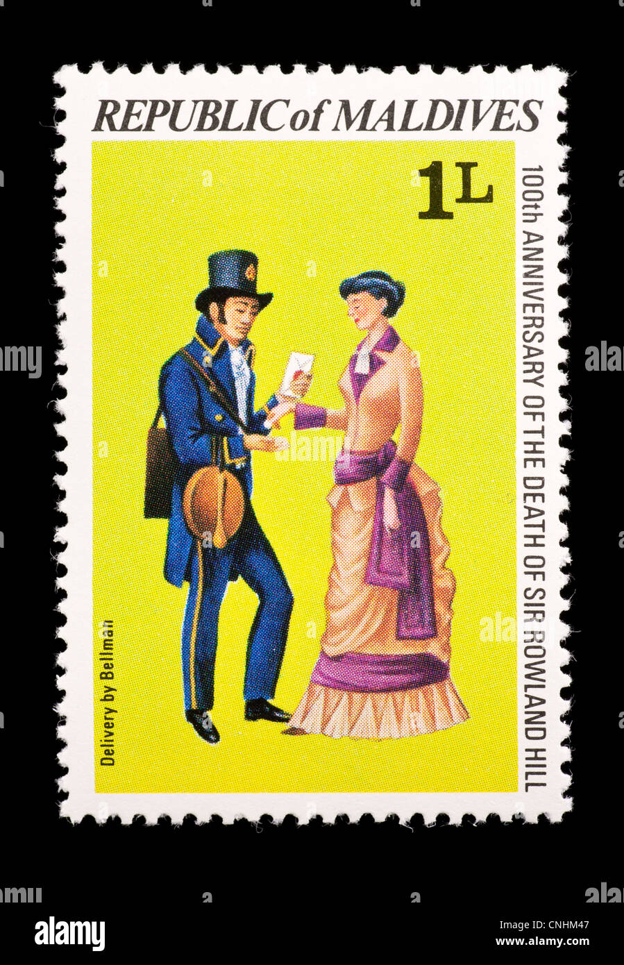 Postage stamp from the Maldives depicting a mailman and Victorian woman ...