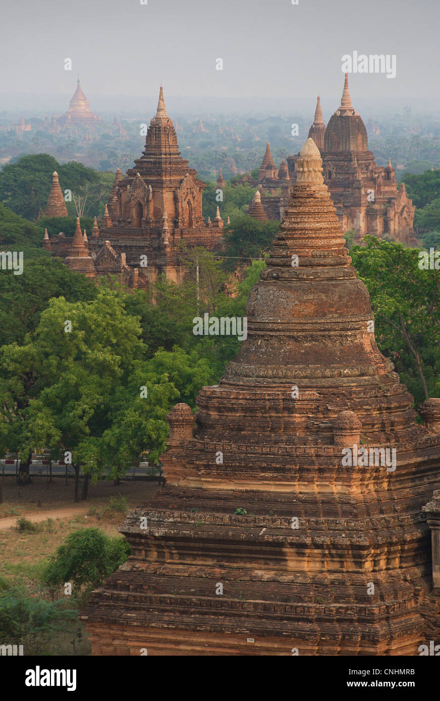 View across the plain of Bagan with the golden stupa of Dhammayazika ...